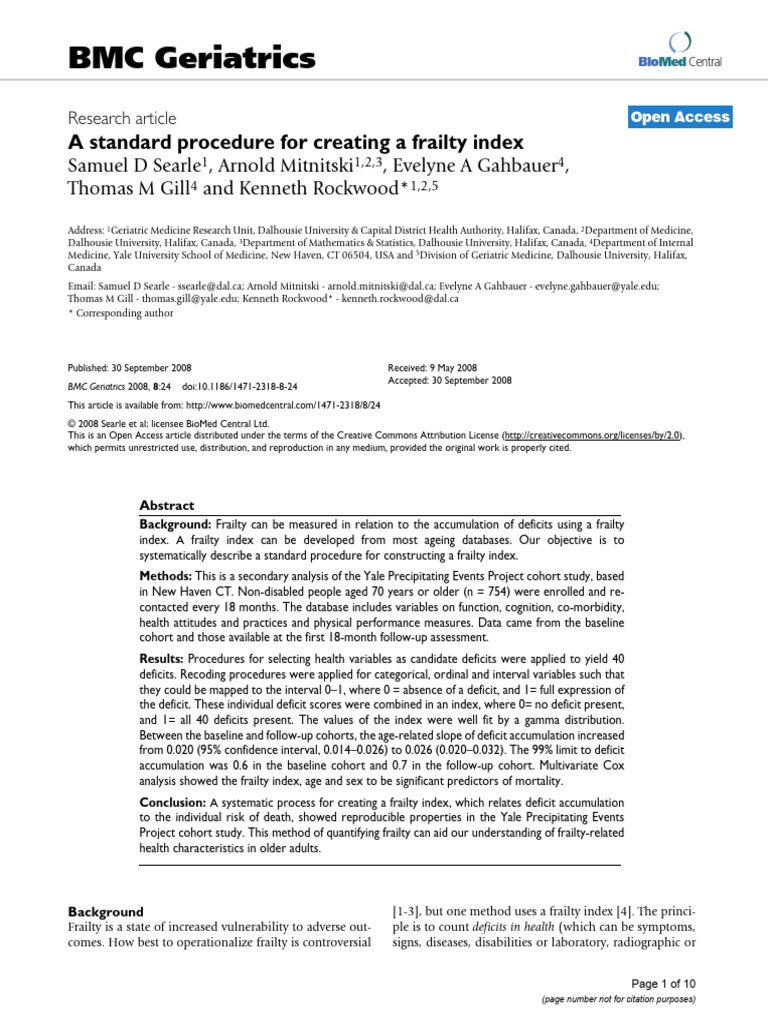 Standard Procedure for Frailty Index Creation | PDF | Cohort Study