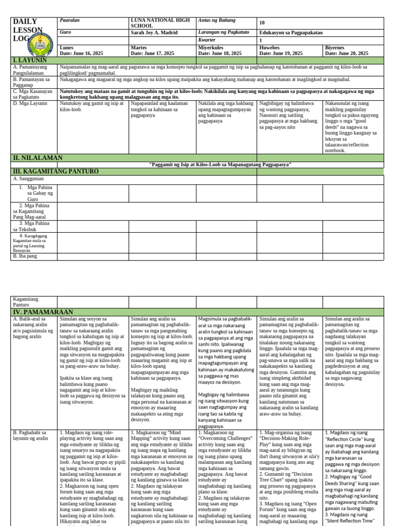DLL-EsP 10 - Week 1 | PDF