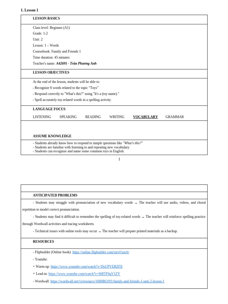 Fa1 Lesson Plan 2 Lessons | PDF | Vocabulary | Procedural Knowledge