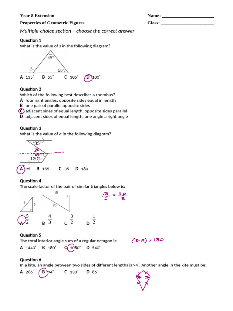 Year 8 Geometry Properties Quiz | PDF | Triangle | Rectangle