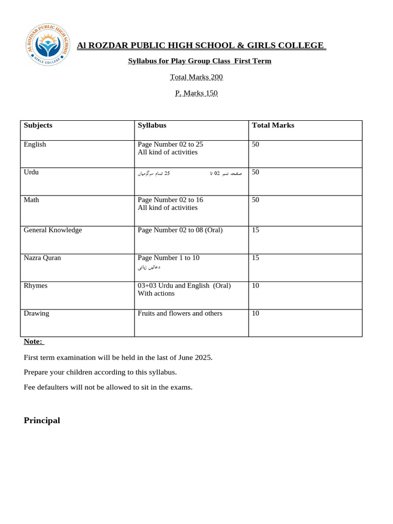 Play Group First Term Syllabus 2025 | PDF