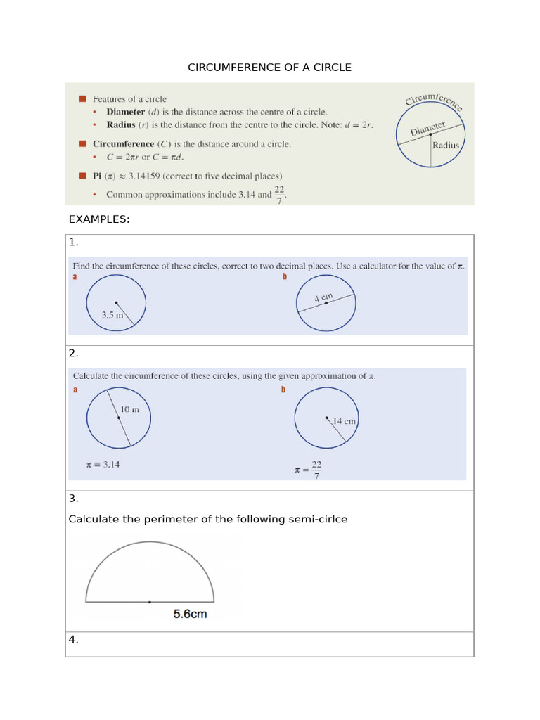 Circumference of a Circle Notes and Examples | PDF