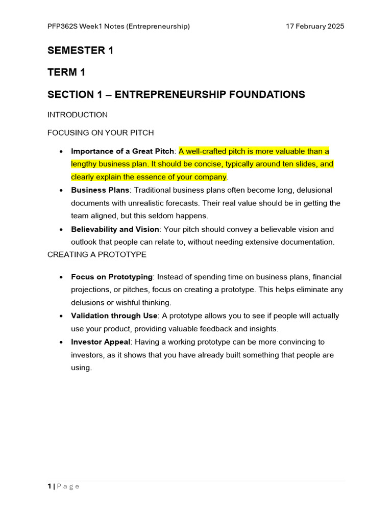 PFP362S Term1 Week2 - LL1 Entrepreneurship Notes | PDF ...