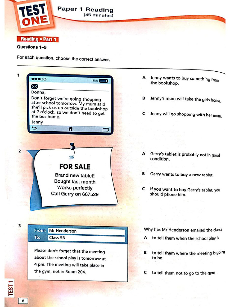Cambridge b1 Preliminary for Schools 4 Test 1 | PDF