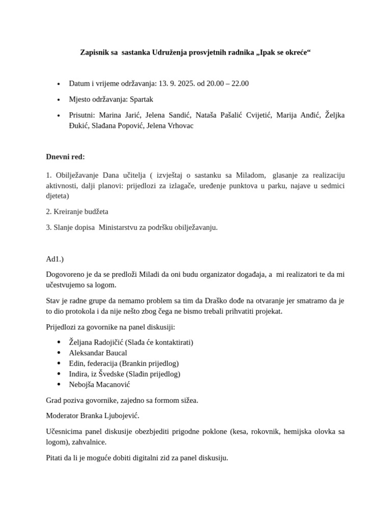 Zapisnik Sa Sastanka, 13.9. (1) | PDF