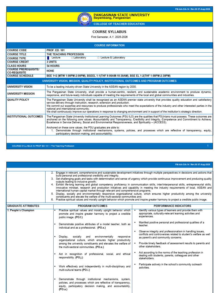 Prof Ed 101 Course Syllabus Overview | PDF | Learning | Teachers