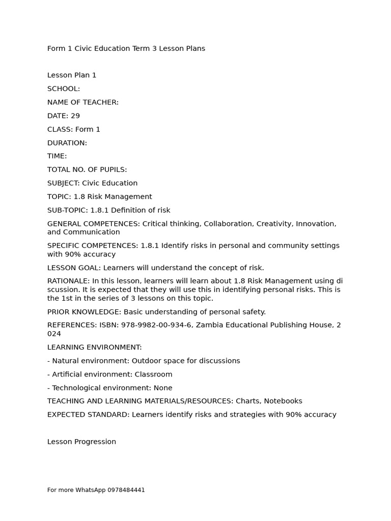 Form 1 Civic Education Term 3 Plans | PDF | Lesson Plan | Learning