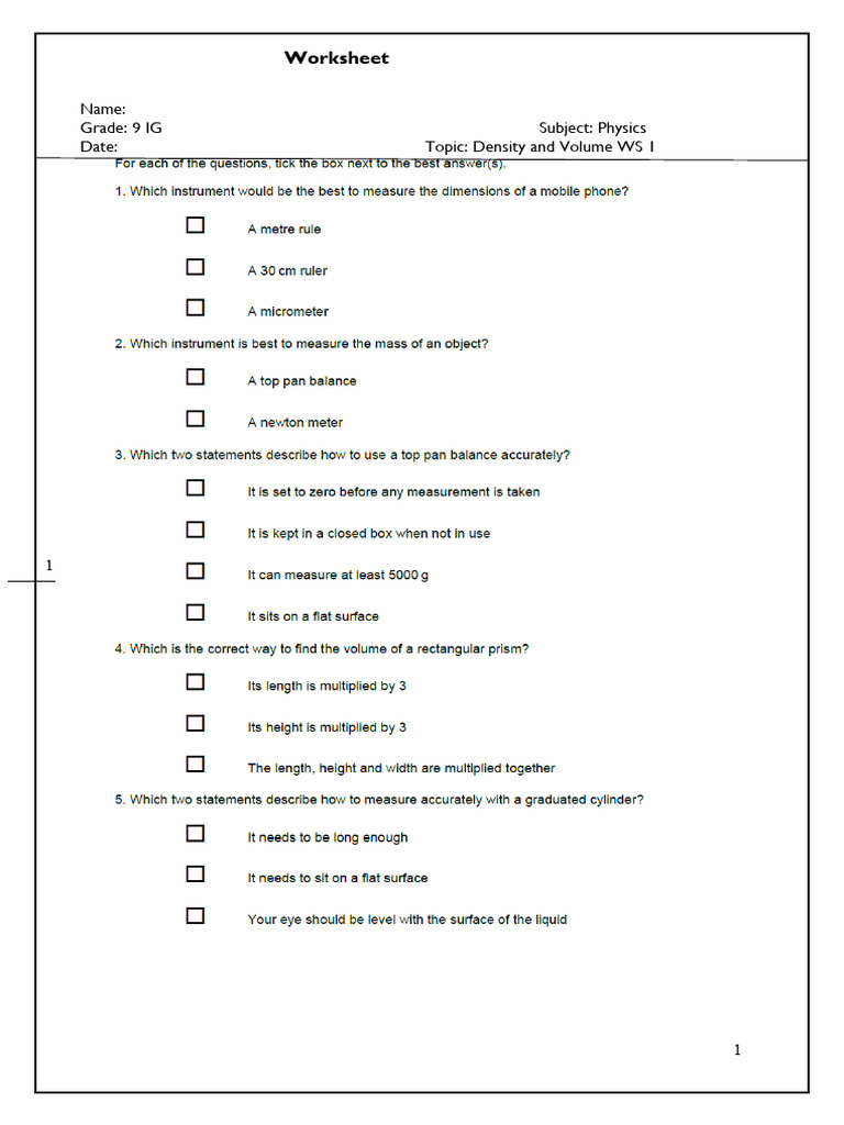 GR 9 IG 2025-26 WS 1 Density and Volume | PDF