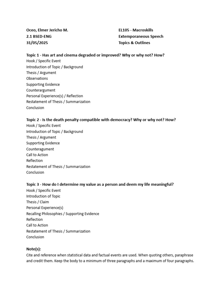 Extemporaneous Speech Topics Guide | PDF
