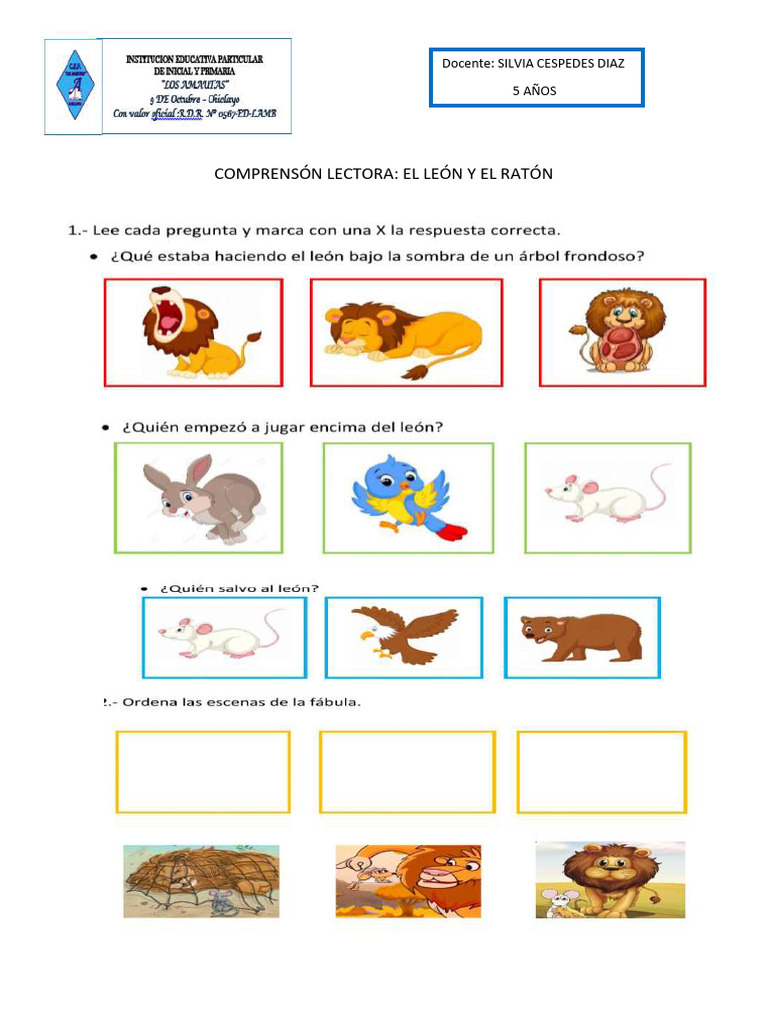 Comprensón Lectora - El León y El Ratón | PDF