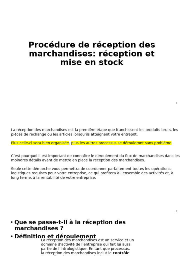 Procédure de Réception Des Marchandises | PDF | Inventaire | Entrepôt