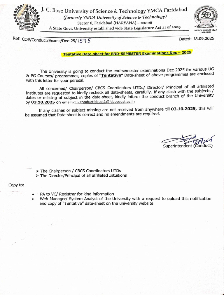 Tentative Date Sheet For UG End Semester Examinations Dec-2025 | PDF
