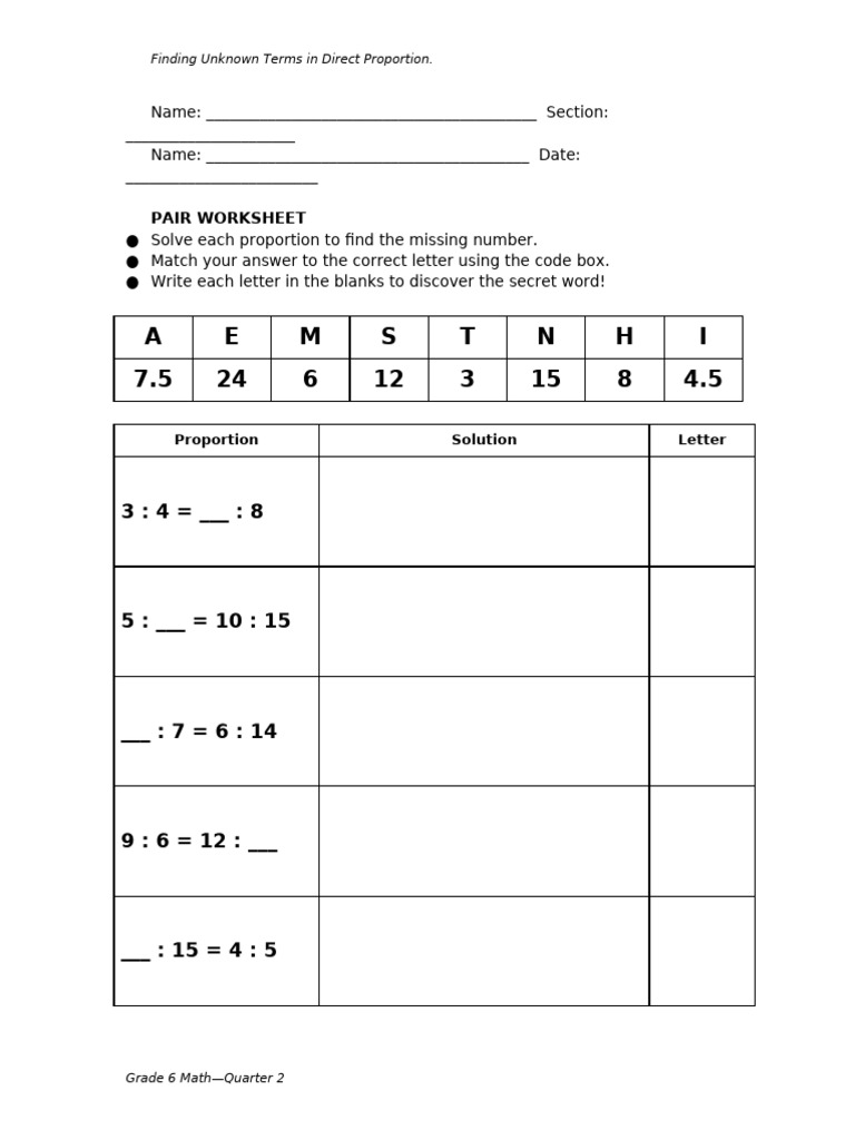M6Q2L4 Worksheet. - Finding Unknown Terms in Direct Proportion | PDF ...