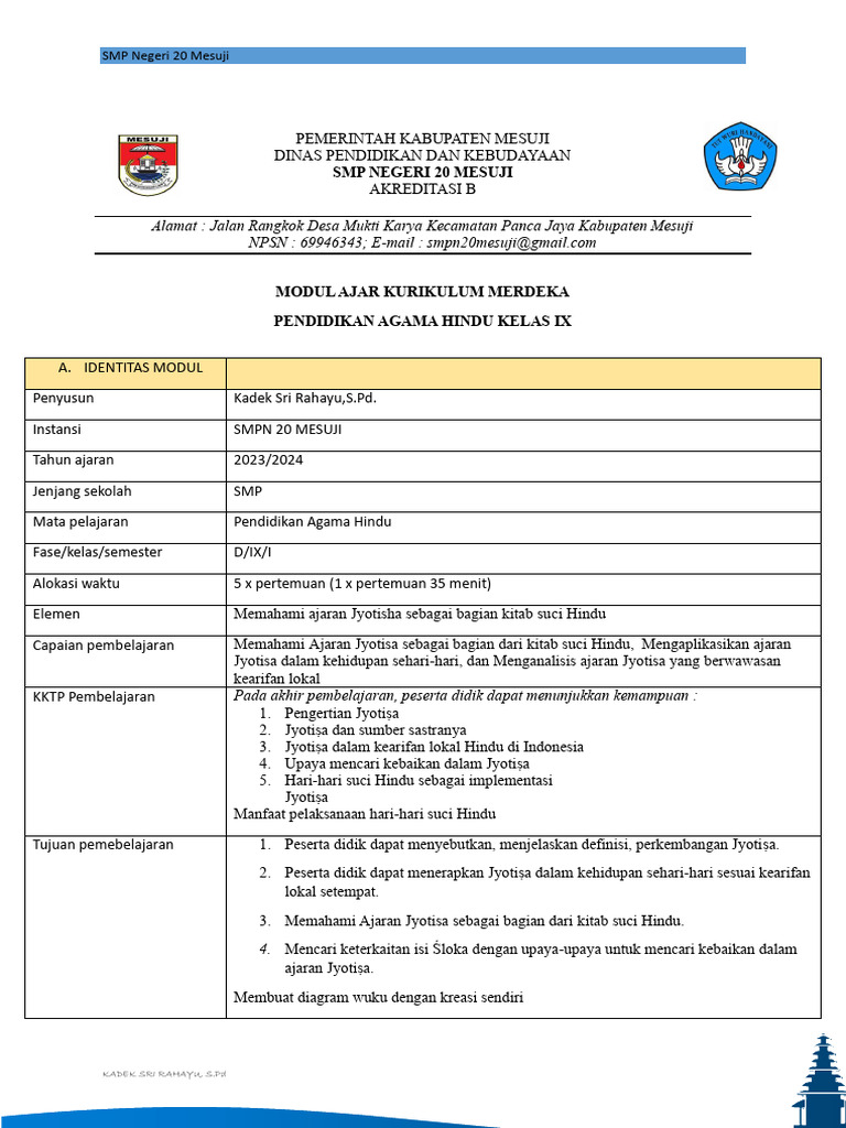 2023-2024 Semester Ganjil Modul Ajar Jyotisa | PDF