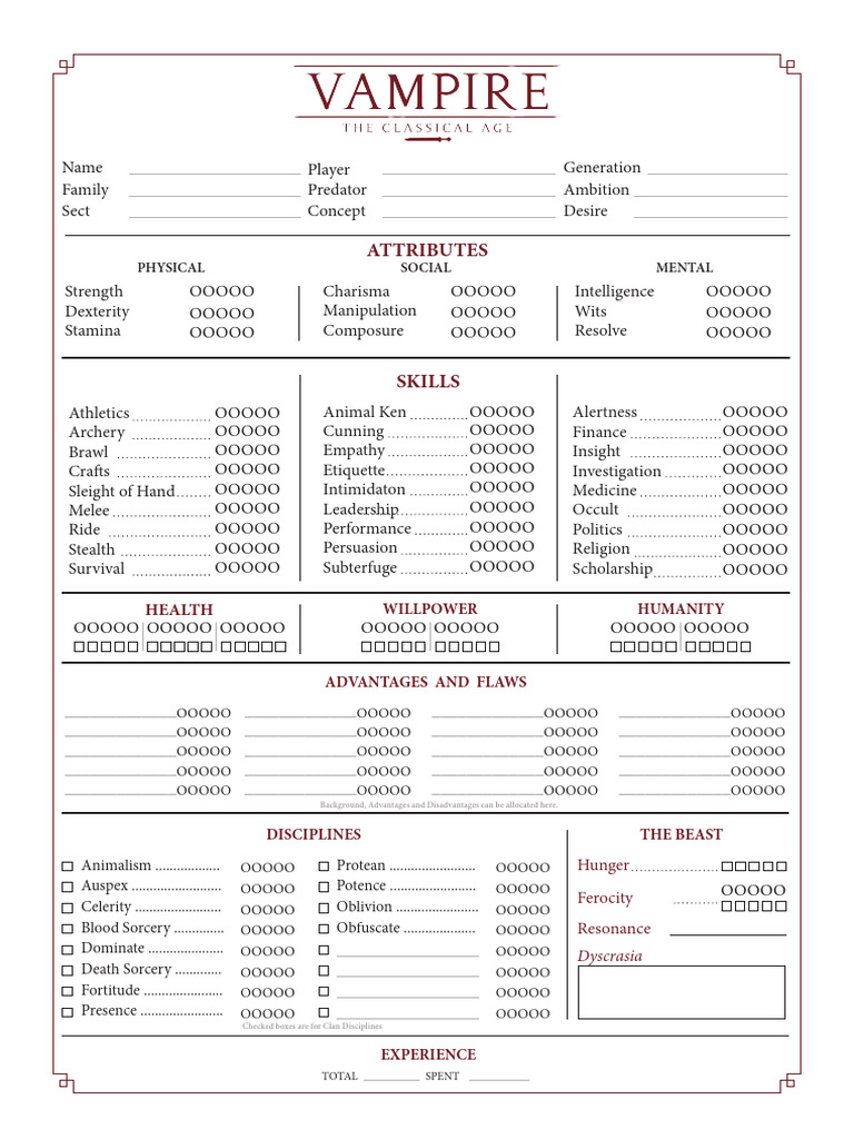 Vampire 5th Edition Classical Age Char Sheet | PDF
