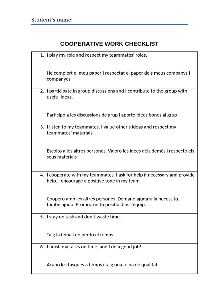 Cooperative Work Checklist | PDF