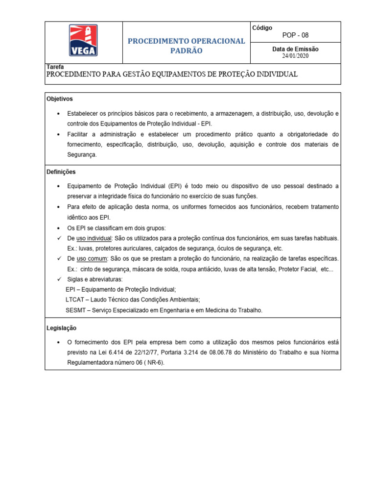 POP 08 - Procedimento Operacional para Gestão de EPI | PDF | Gestão de recursos humanos