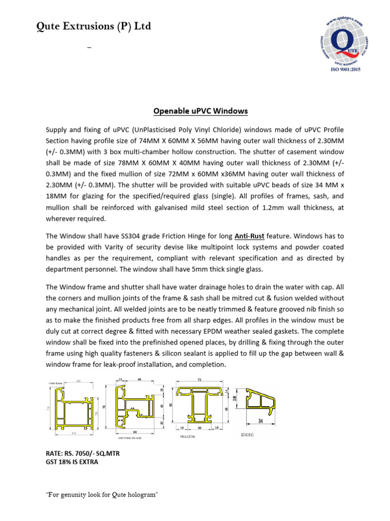 Qute Upvc Windows Specification - AP | PDF | Window | Polyvinyl Chloride