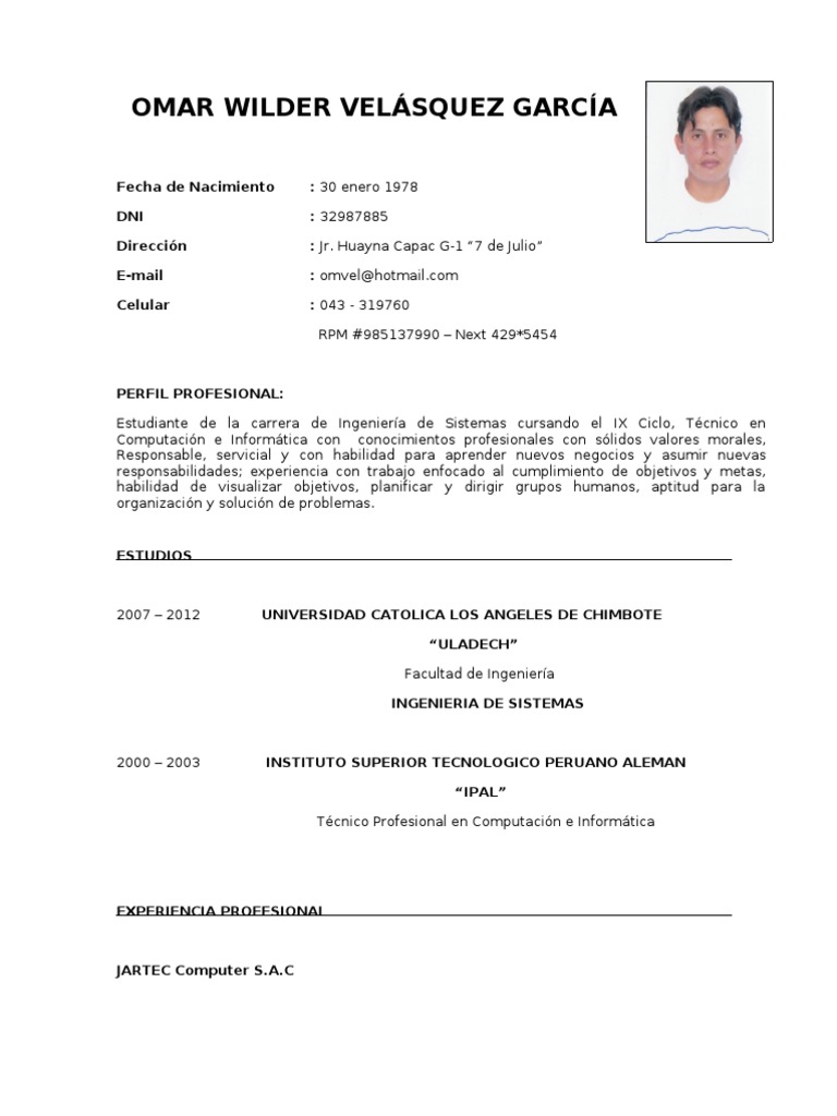 CV Omar Velasquez | PDF | Perú | Ingeniería de Sistemas
