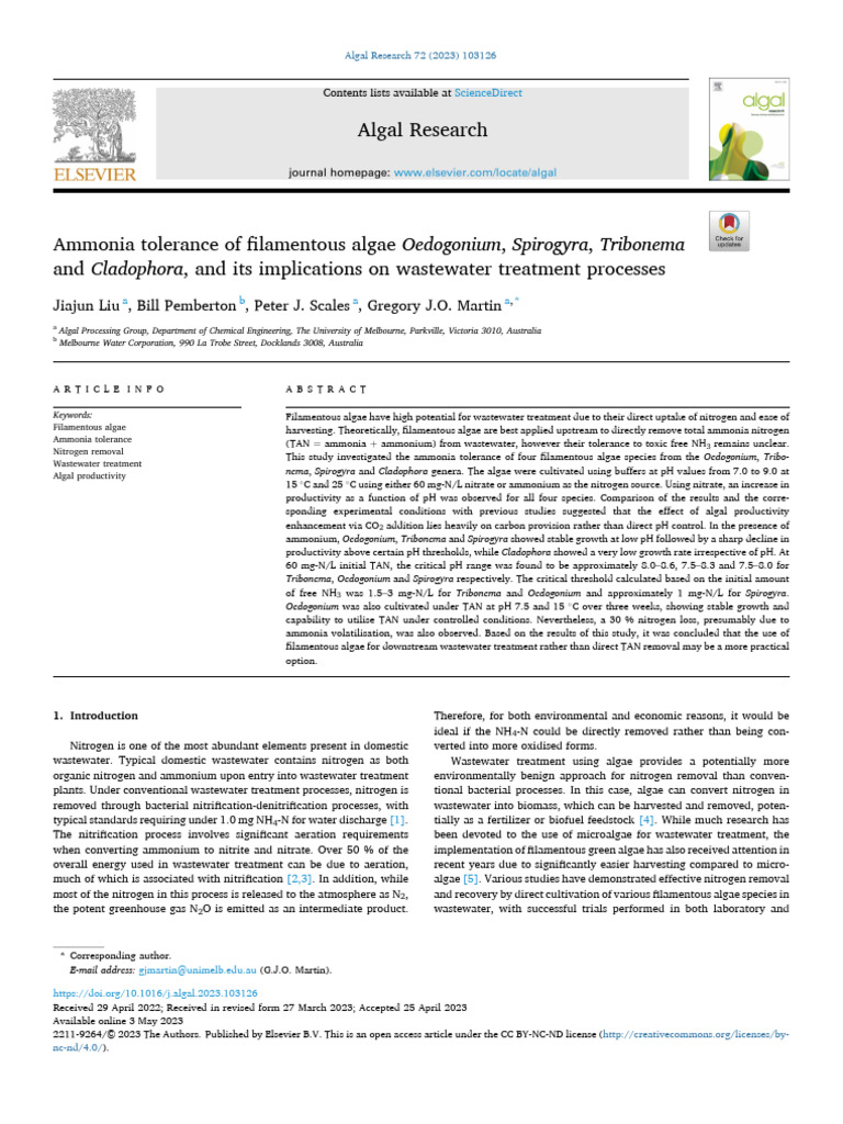 Ammonia Tolerance of Filamentous Algae Oedogonium, Spirogyra, Tribonema ...