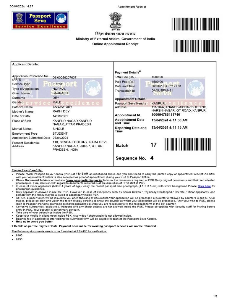 Appointment Receipt PASSPORT 2 | PDF | Identity Document | Birth ...