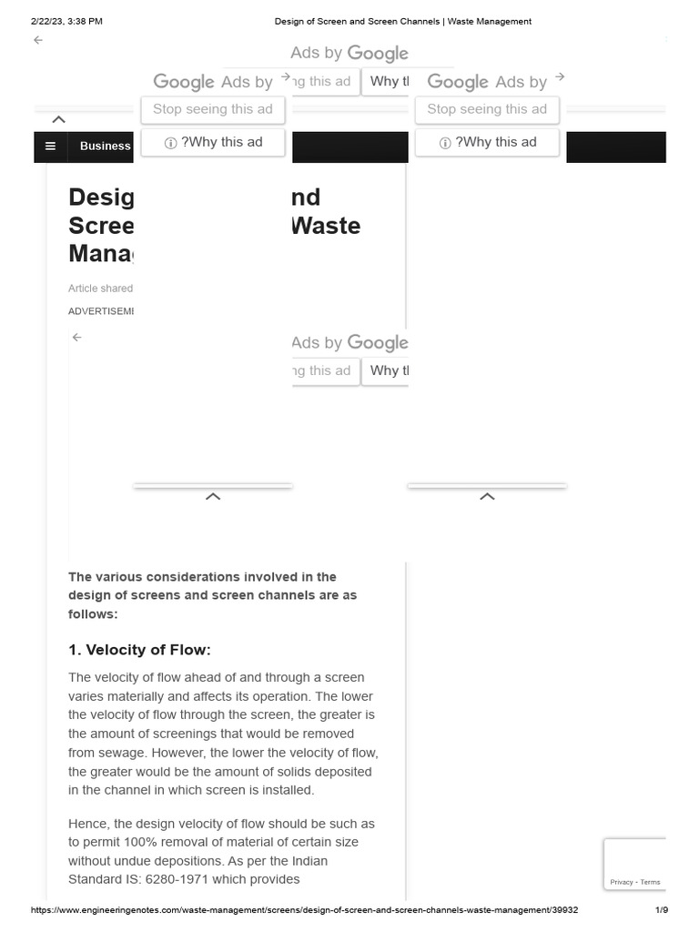 Design of Screen and Screen Channels - Waste Management | PDF | Sewage ...