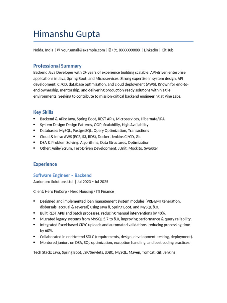 Java Backend Developer Resume Summary | PDF
