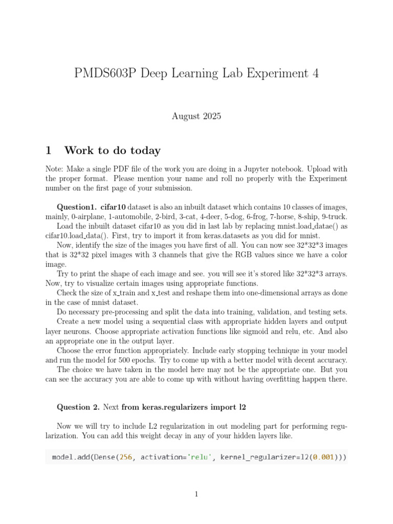 CIFAR-10 Deep Learning Lab Guide | PDF | Deep Learning | Learning