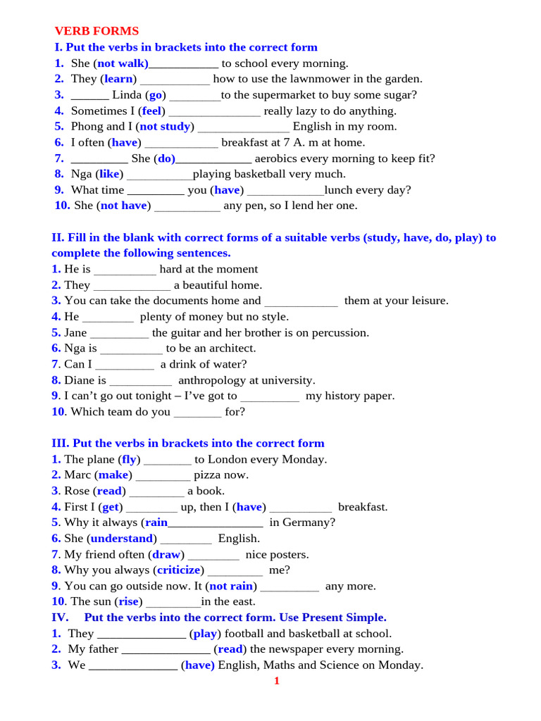 Verb Forms Practice Exercises | PDF