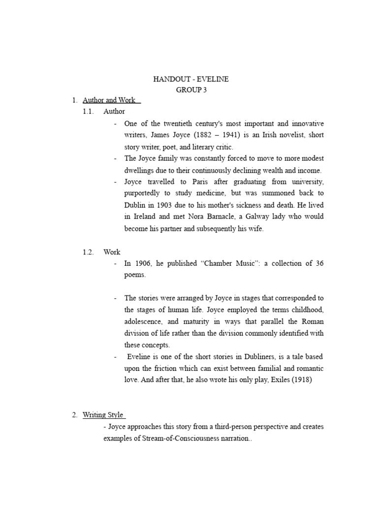 James Joyce's - Eveline - Analysis Handout For Course ENG 101 - Studocu ...