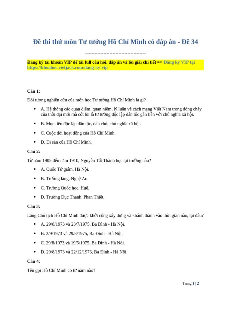 De Thi Thu Mon Tu Tuong Ho Chi Minh Co Dap An de 34 2025-04-01 | PDF