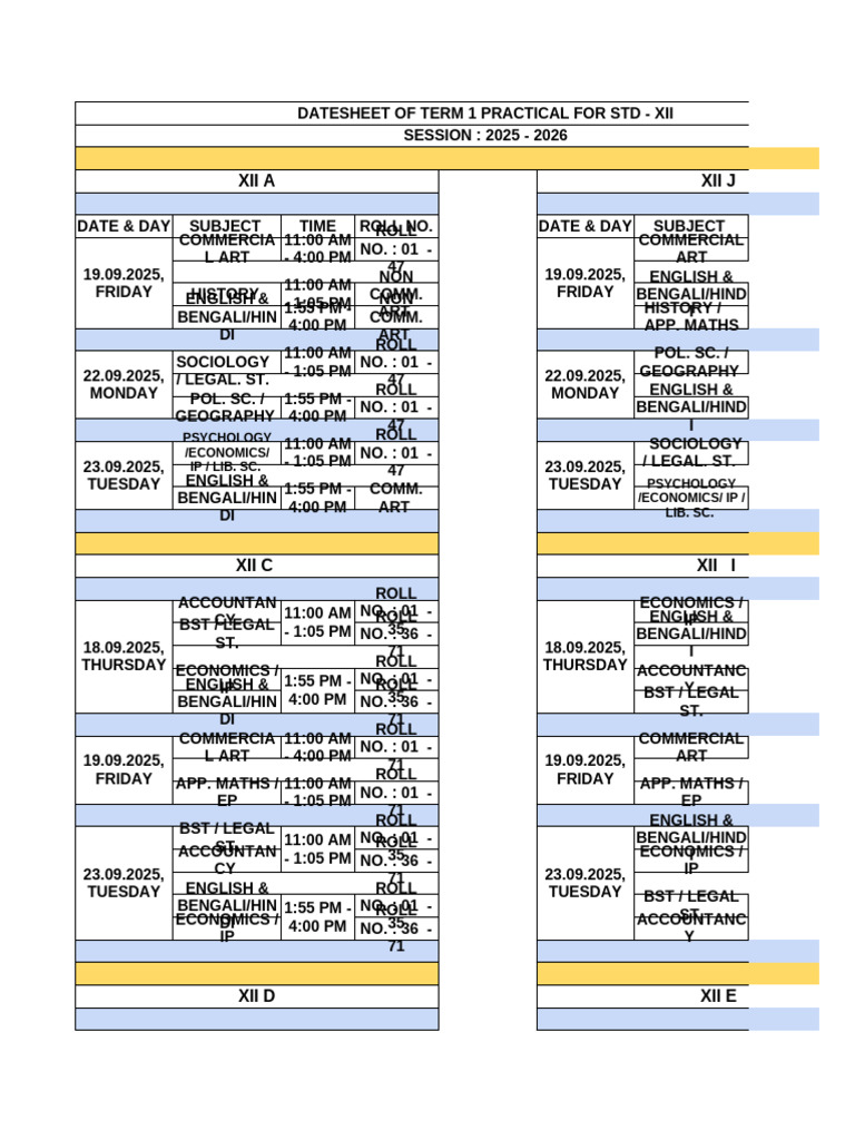 STD XII Term I - 25-26 - Practical Schedule | PDF | Physical Sciences | Natural Sciences