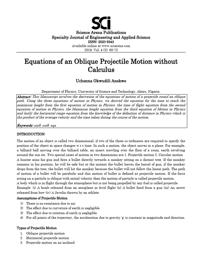 Oblique Projectile Motion Equations | PDF | Projectiles | Force