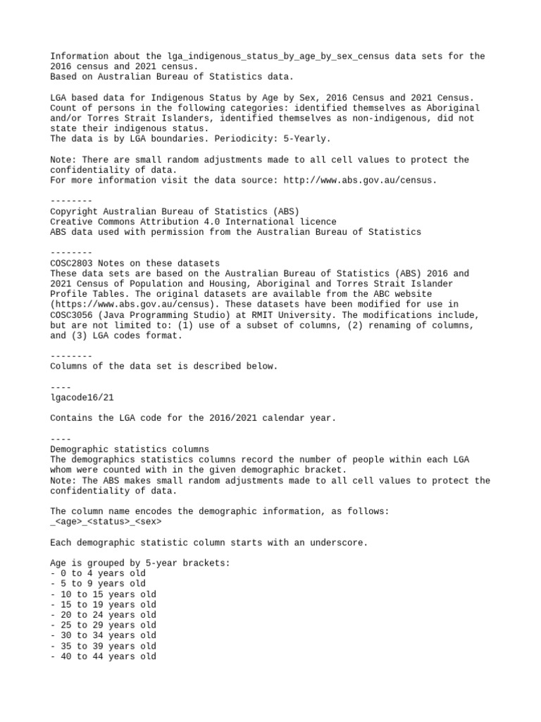 Lga Indigenous Status by Age by Sex Census Description | PDF ...