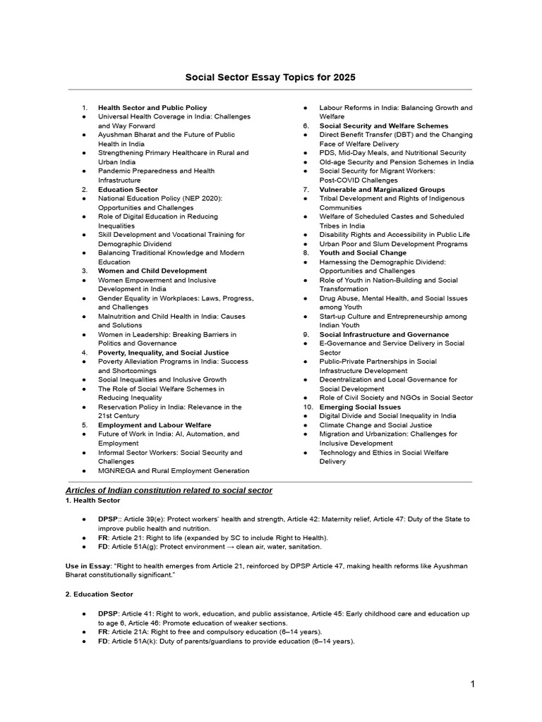 Social Sector Essay Topics 2025 | PDF | Social Exclusion | Poverty