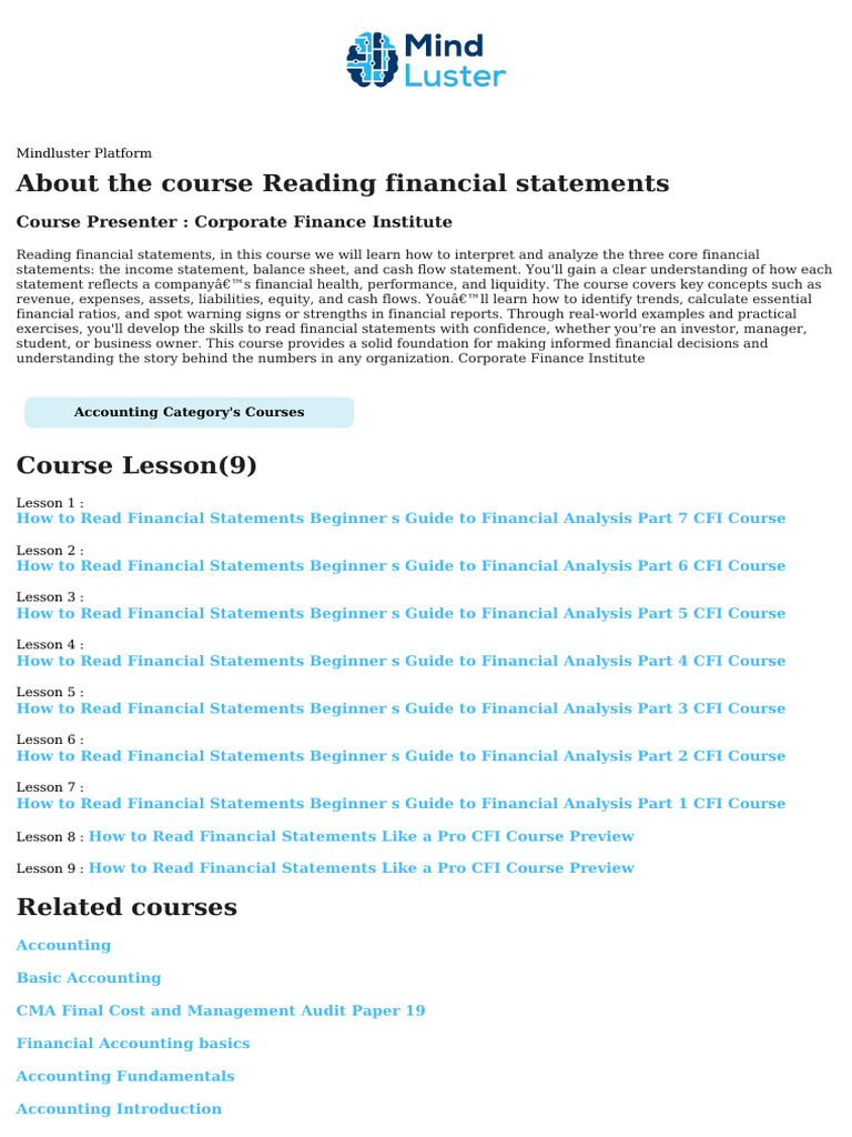 Reading Financial Statements Course Content | PDF