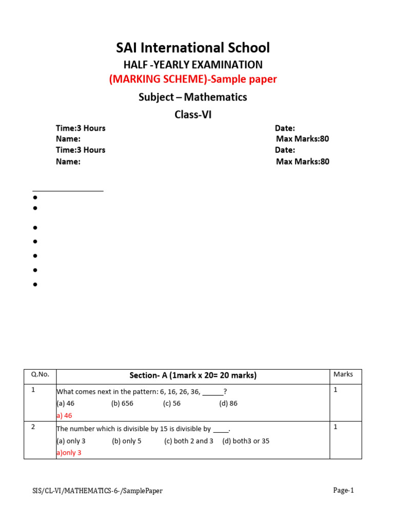 2 Cl6 Math HY Sample Paper MS 25 26 | PDF | Mathematical Concepts ...