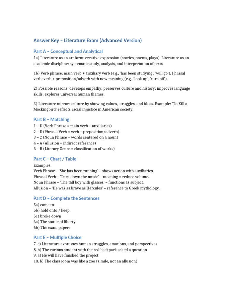 Literature Exam Answer Key | PDF
