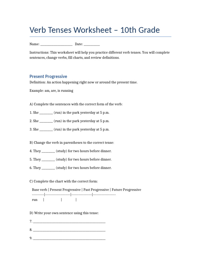 10th Grade Verb Tenses Worksheet | PDF | Verb | Grammatical Tense