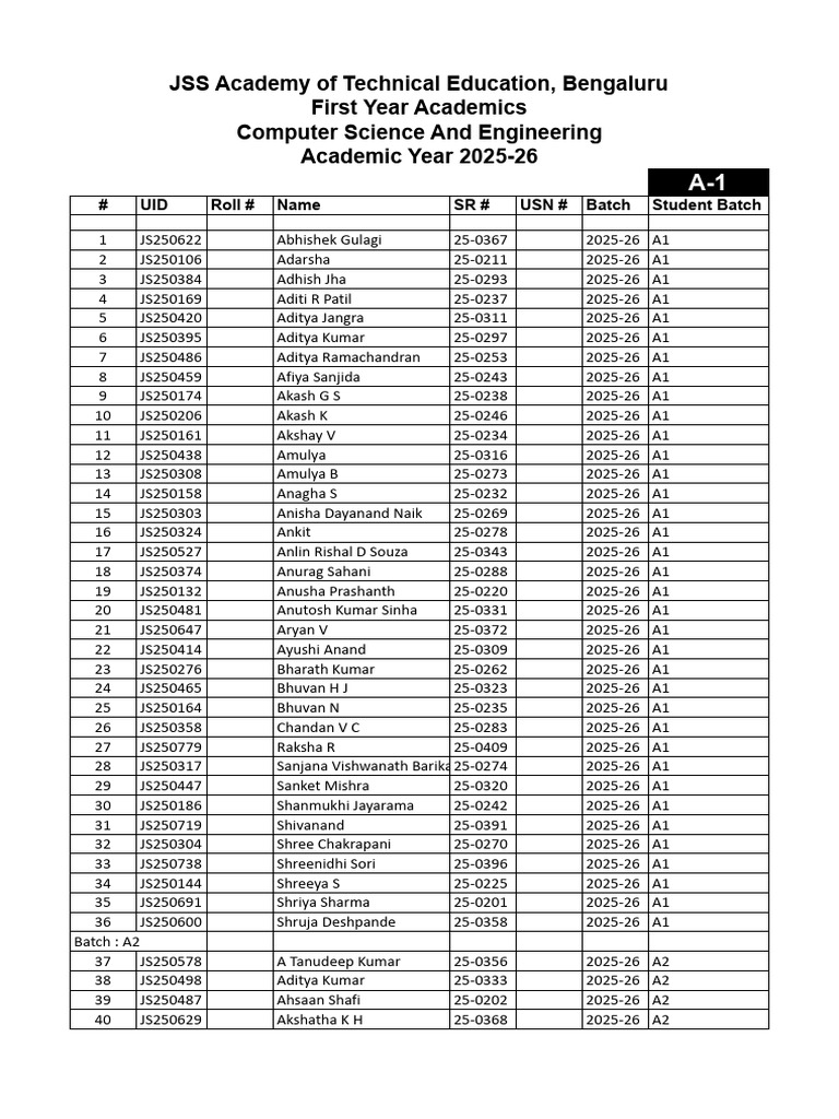 JSS Academy CSE First Year 2025-26 | PDF