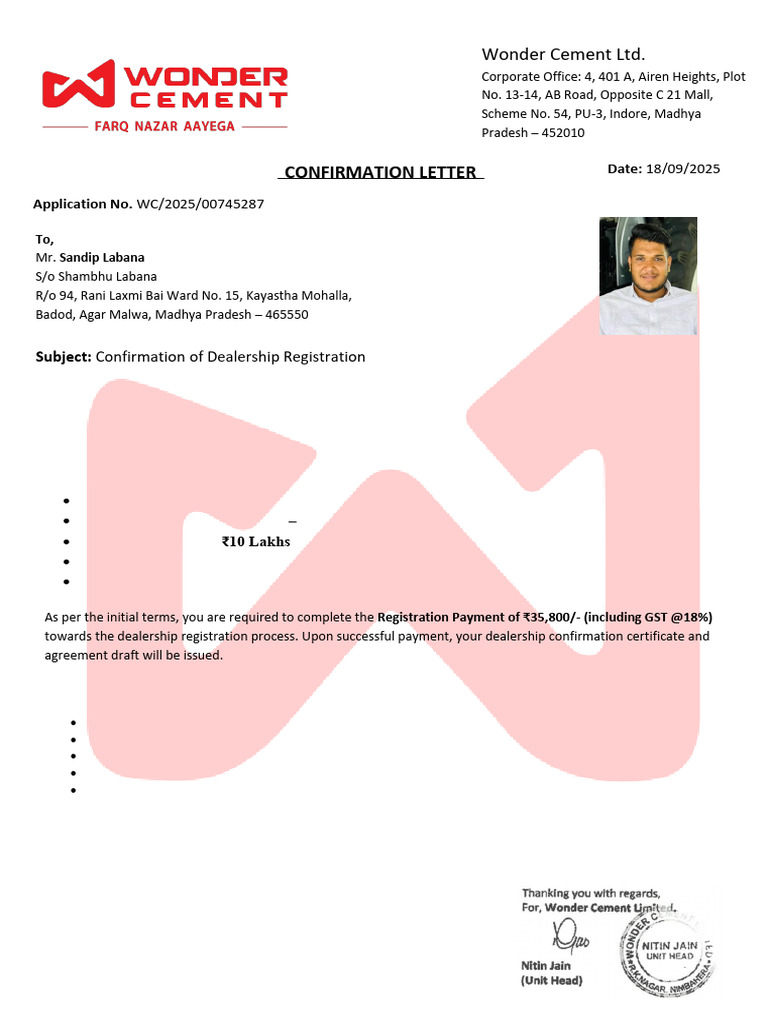 Wonder Dealership Confirmation Letter Sandip Labana | PDF