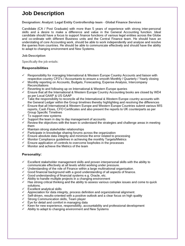 Legal Entity Analyst Job Overview | PDF | Accounting | Skill