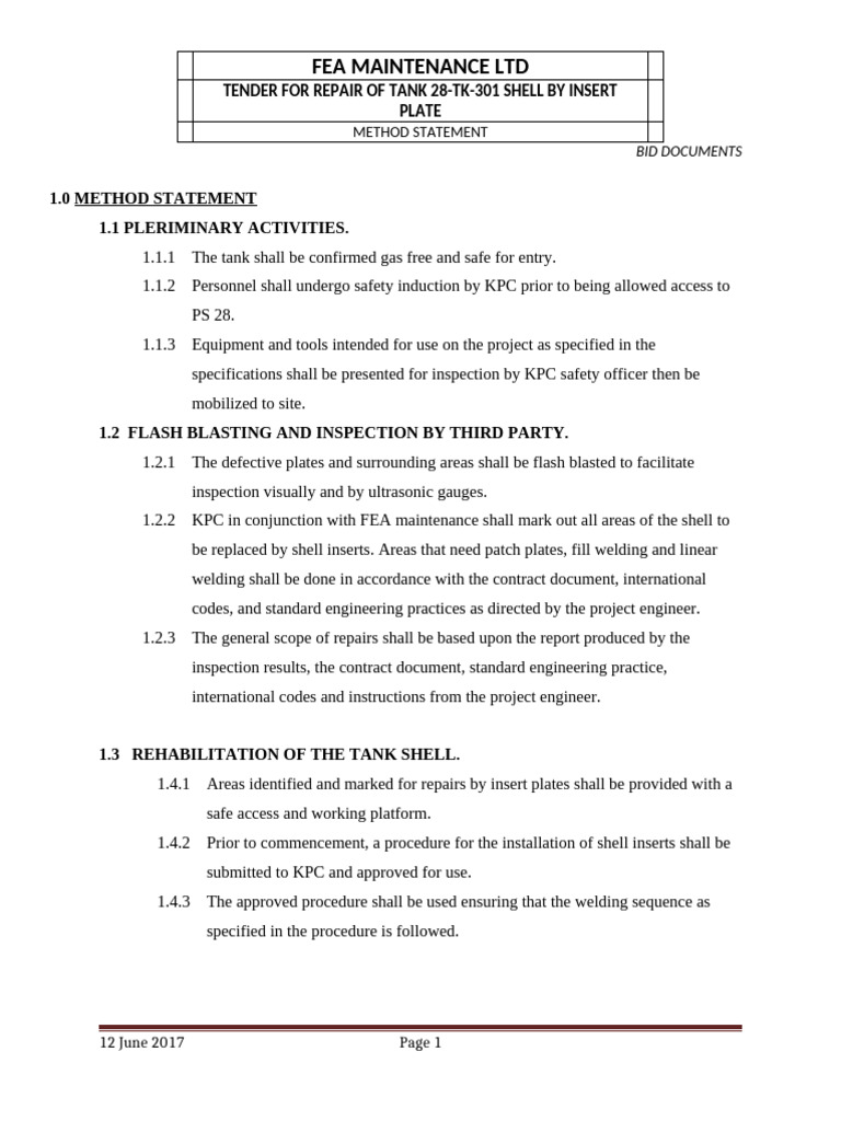 Method Statement 28-Tk-301 at Ps28 - Fea Maintenance | PDF | Welding ...