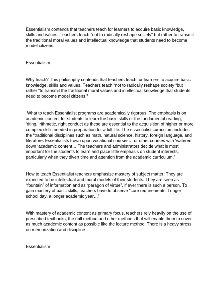 ESSENTIALISM | PDF | Philosophy Of Education | Curriculum