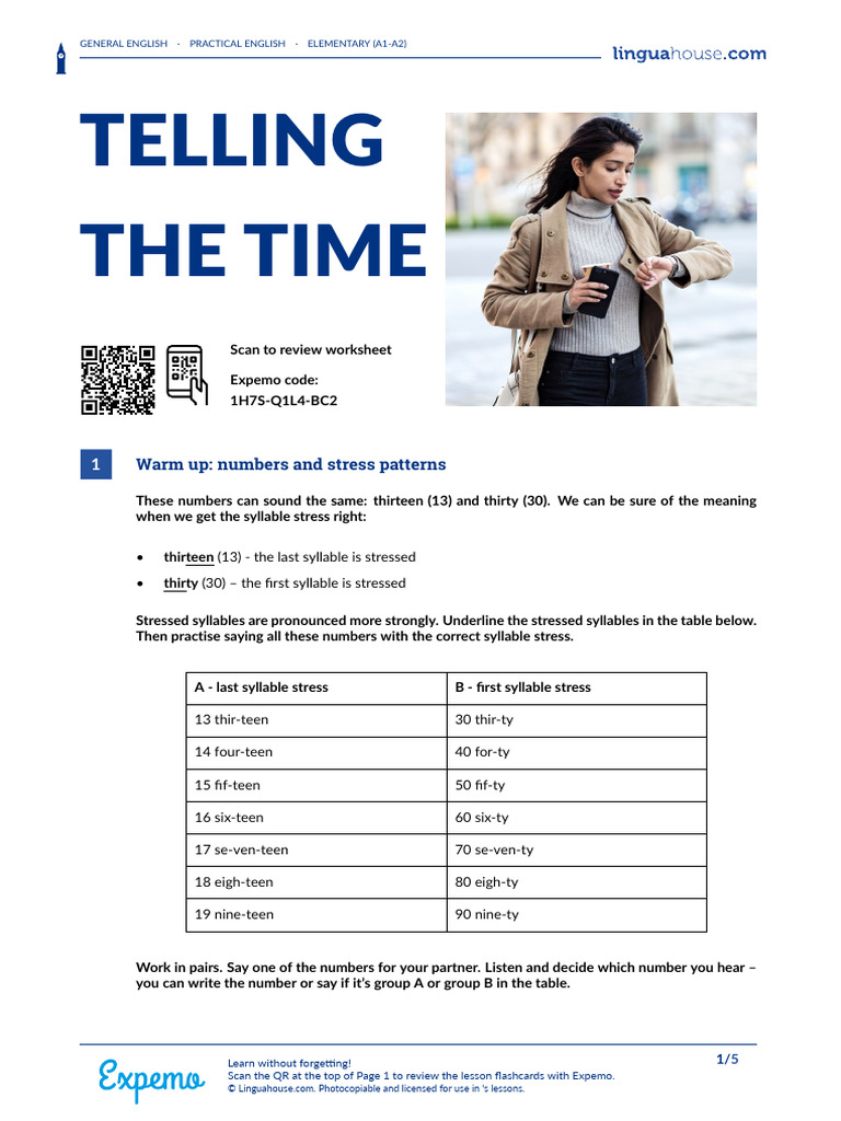 Telling The Time British English Teacher A1 A2 | PDF | Stress ...