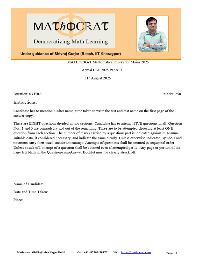 Mathocrat Mathematics CSE 2025 Paper II | PDF | Mathematical Analysis | Mathematics