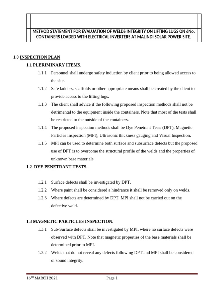 Weld Integrity Evaluation Method Statement | PDF | Welding | Construction