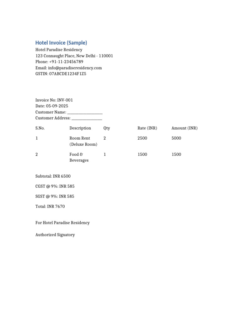 Hotel Paradise Residency Invoice Sample | PDF
