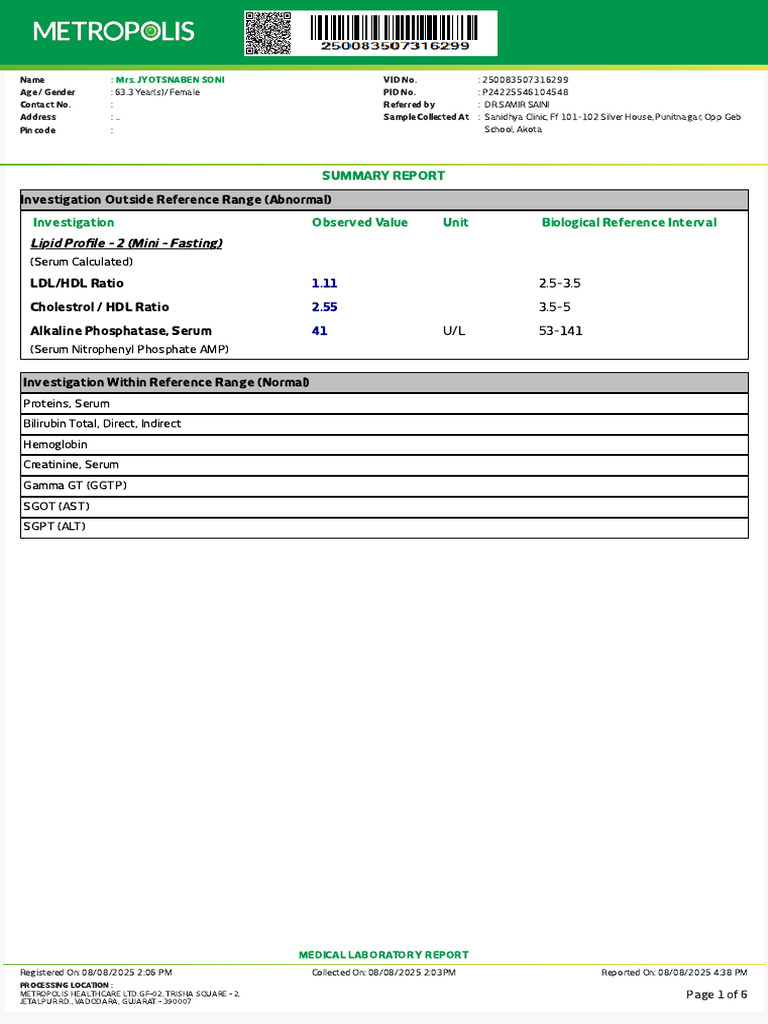 Medical Lab Report for Mrs. Soni | PDF | Cholesterol | Alanine Transaminase