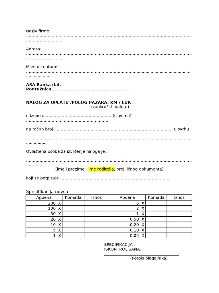 Prilog 8 - Nalog Za Uplatu Polog Pazara | PDF